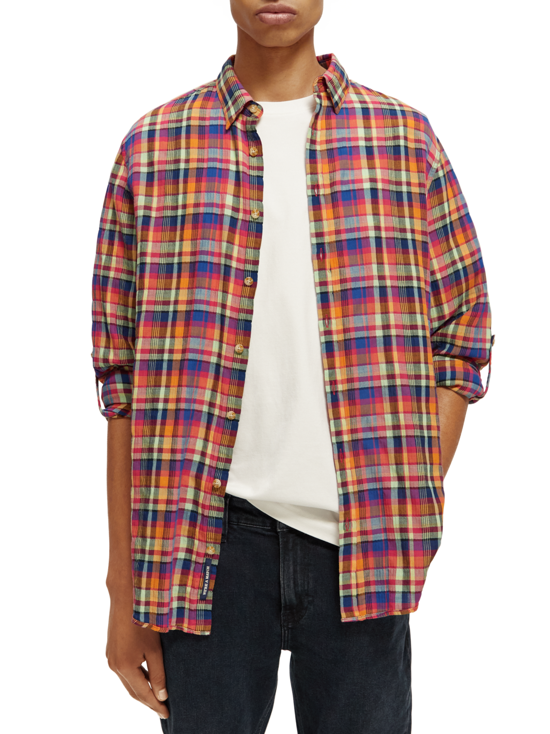 Scotch & Soda Light weight voile shirt with seersucker-Red/Multi Check ...